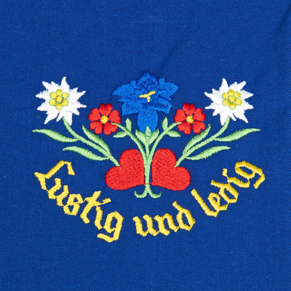 Blaue Schürze mit Motiv: Lustig und ledig --> Hutstuebele - Hüte ...